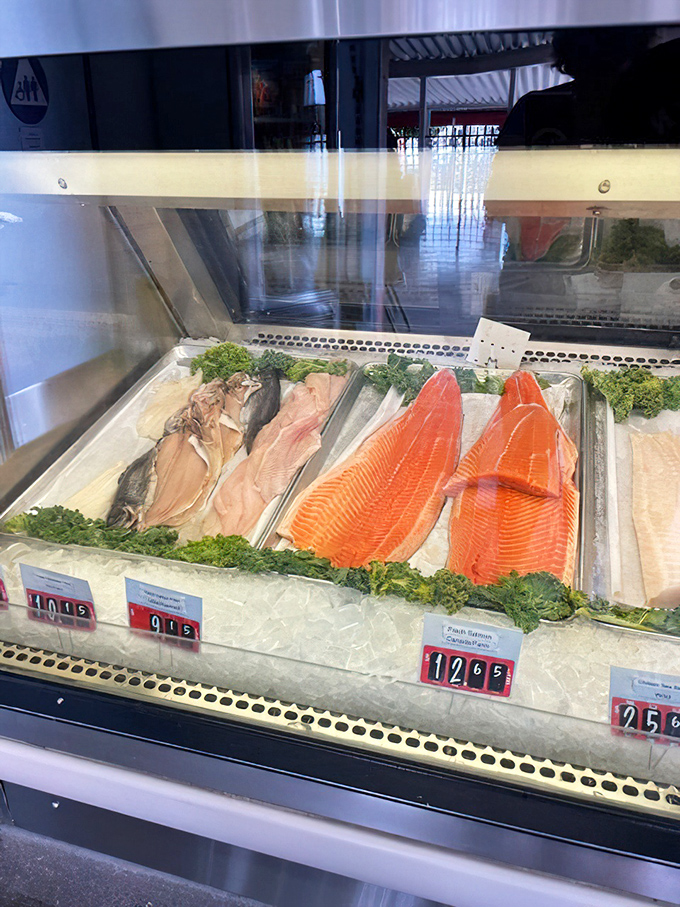 The fish market case&mdash;where tomorrow's dinner displays itself with pride. These fillets are so fresh they practically need their own Instagram accounts.