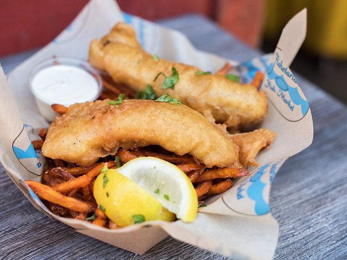 Fish and chips that would make a British pub jealous, with sweet potato fries adding a California twist to this seaside classic.