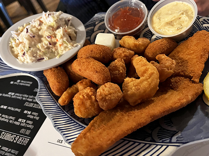 The Fisherman's Platter: a seafood United Nations where fried flounder, scallops, and shrimp live in delicious harmony.