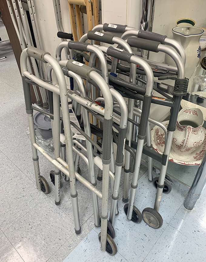 Mobility aids lined up like silver soldiers, ready to provide support and independence to whoever needs them next. 