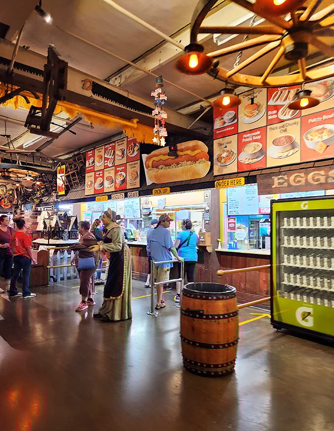The food court serves up comfort classics beneath wagon wheel chandeliers&mdash;because treasure hunting builds an appetite worthy of frontier proportions.