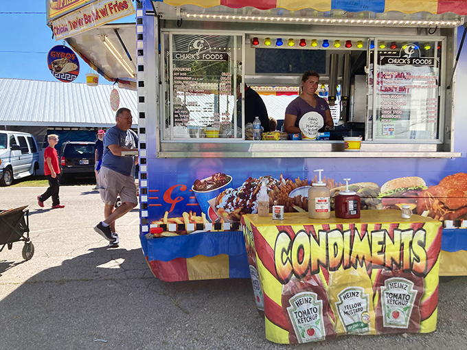 Flea market fuel station! Because serious antiquing requires serious sustenance—the condiment selection alone deserves its own Instagram account.