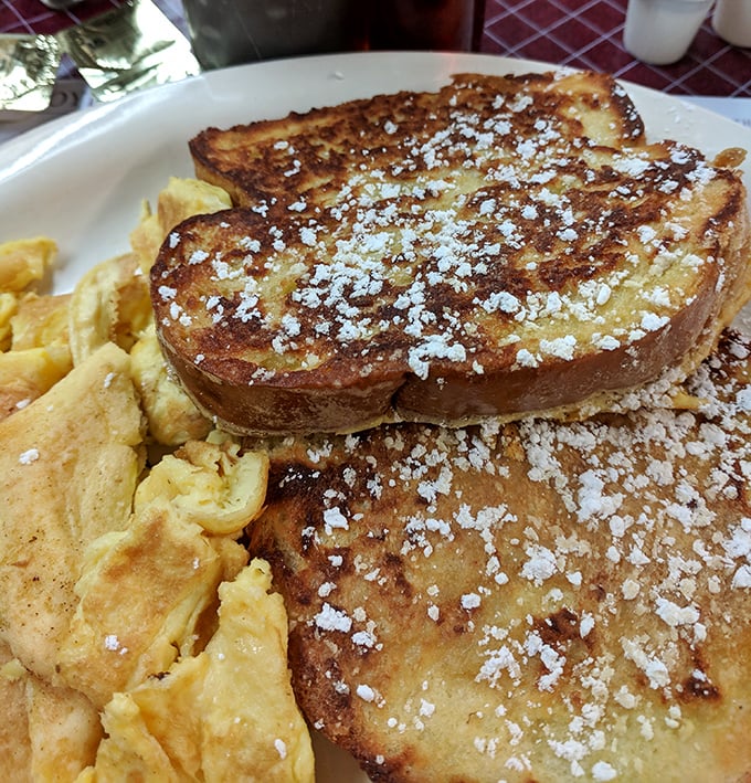 French toast that puts the "grand" in grandma's kitchen. Dusted with powdered sugar and served with eggs that actually taste like eggs.