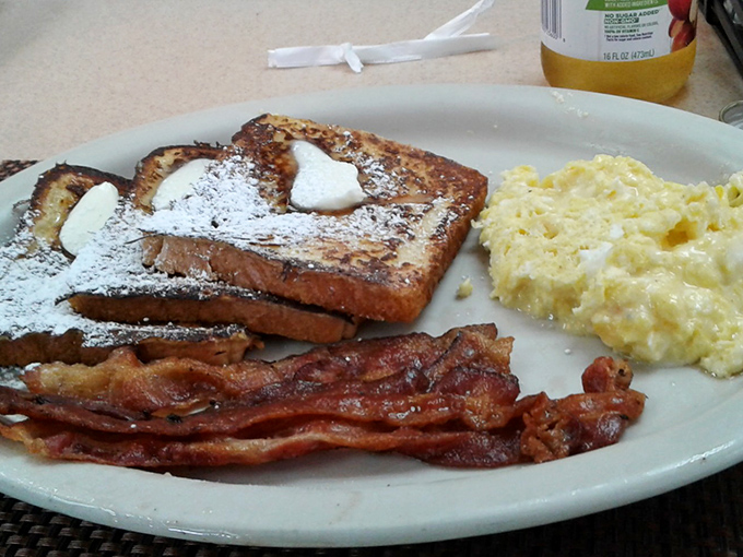 French toast that strikes the perfect balance between crisp exterior and custardy interior, with bacon playing the essential supporting role.