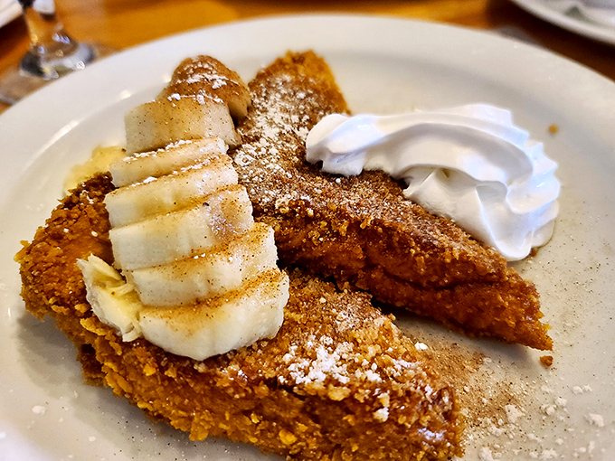 French toast so golden it could've been kissed by Midas himself, minus the mythology.