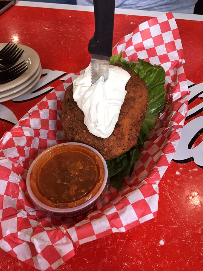 A fried avocado that answers the question: "How do you improve perfection?" Turns out, you batter it, fry it, and serve it with spicy sauce.