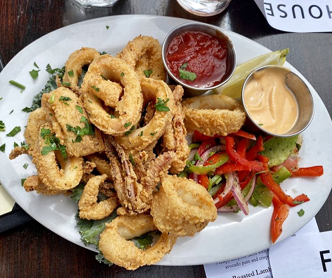 Crispy calamari that ruins you for all other versions – tender inside, crunchy outside, with a colorful slaw that cuts through the richness perfectly.
