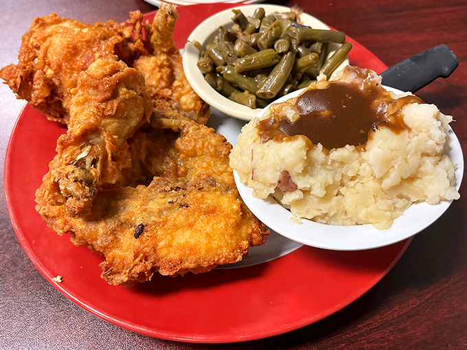 Golden fried chicken that makes you question why anyone bothers with breakfast when lunch looks this good.