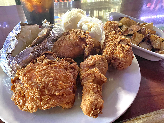 Fried chicken that's worth every napkin you'll need. Golden, crispy, and served with sides that don't know they're supposed to be supporting actors.