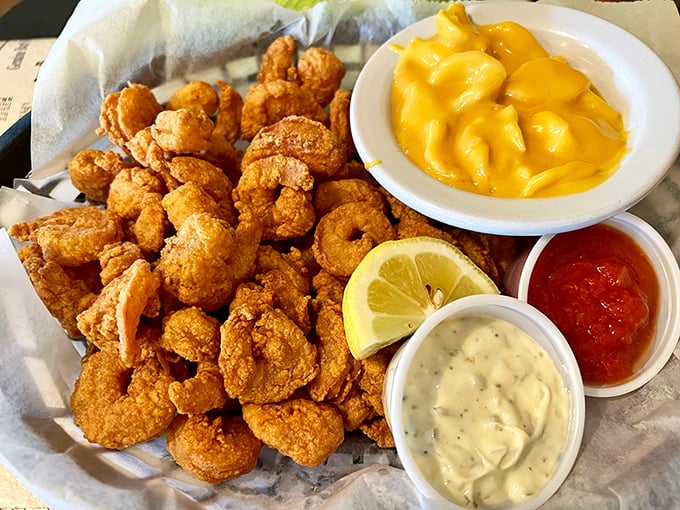 Fried shrimp piled high enough to make Bubba Gump jealous, with mac and cheese for good measure.