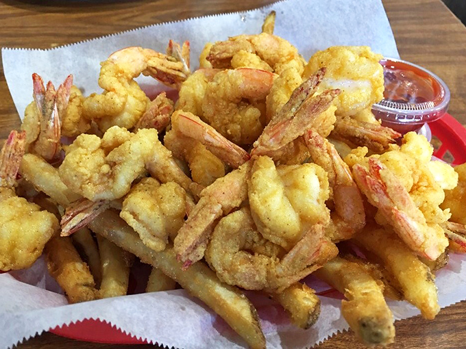 Wild Georgia shrimp wearing their golden-fried formal wear. Like little crustacean celebrities dressed for the seafood equivalent of the Oscars.