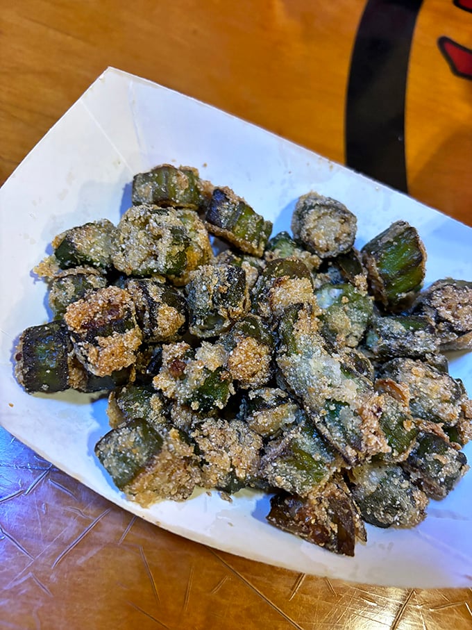Fried okra that converts the skeptics. Crispy, cornmeal-crusted Southern goodness that disappears faster than you can say "y'all want some more?"