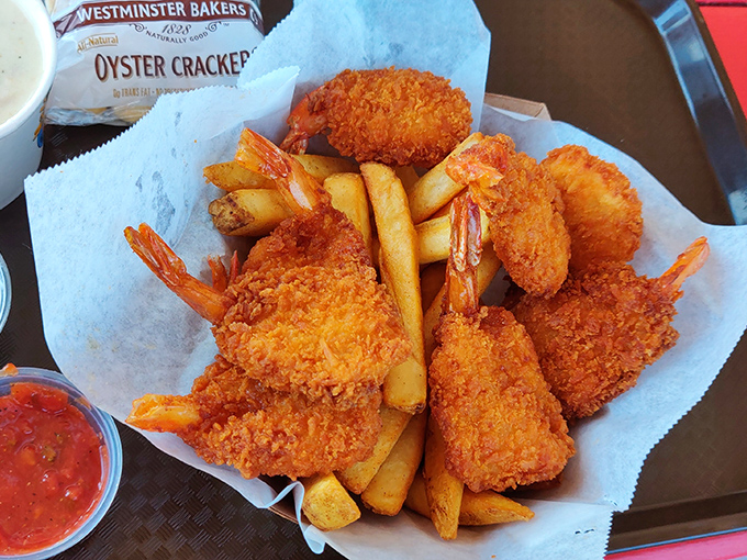 Fried shrimp and fries&mdash;the beach vacation your taste buds have been dreaming about. No sunscreen required for this golden perfection.