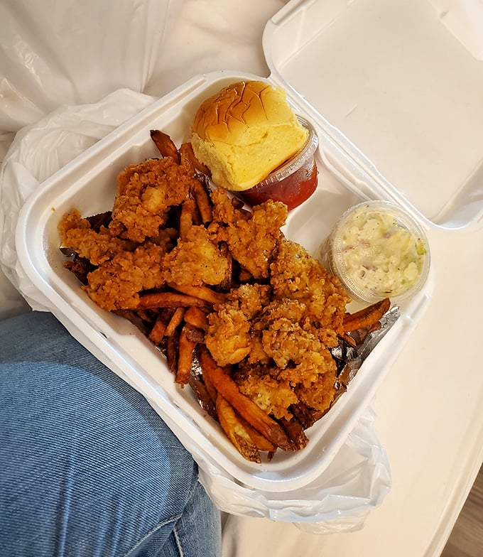 This isn't just a seafood platter&mdash;it's a Maryland vacation in styrofoam. The sweet potato fries and coleslaw provide perfect counterpoints to the crispy shrimp.