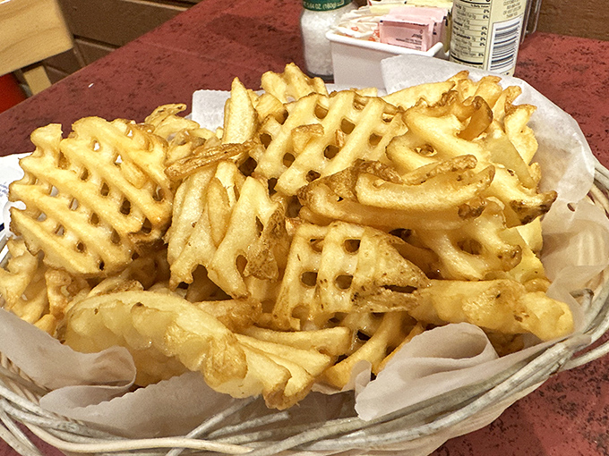 Waffle fries that prove sometimes the best things in life come with perfectly engineered sauce-holding capabilities.