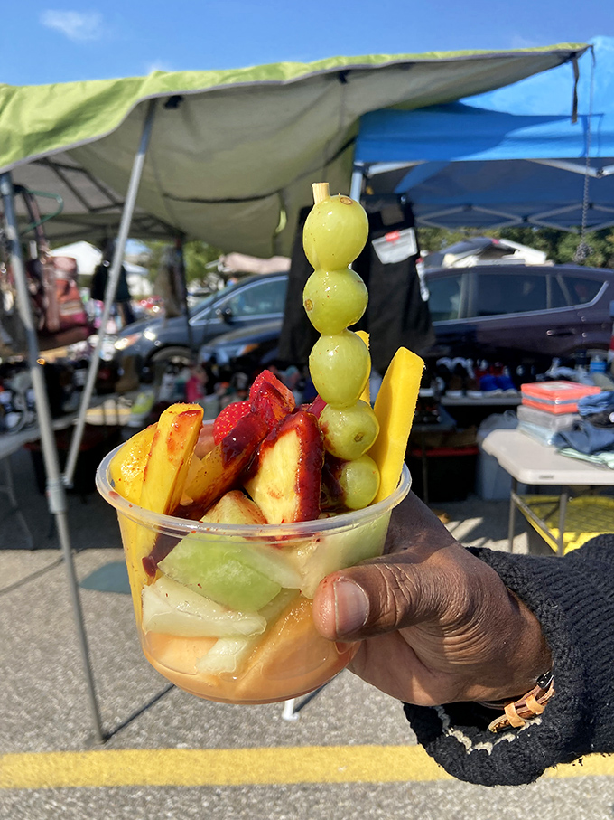 Fresh fruit cup perfection – a sweet, juicy oasis amid the treasure hunting that reminds us that not all flea market finds are destined for the shelf.