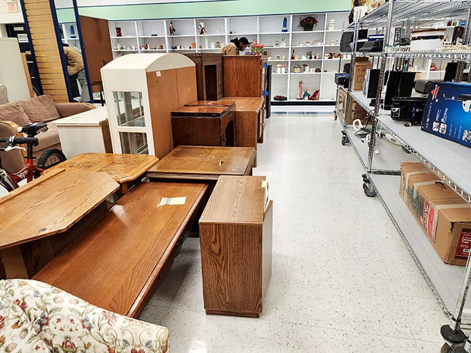 Solid wood furniture from eras when things were built to last. That coffee table has probably survived three presidents and countless pizza nights.