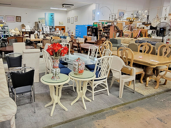 Dining sets that have hosted thousands of family dinners now wait for new conversations. That bistro set is practically begging for morning coffee.
