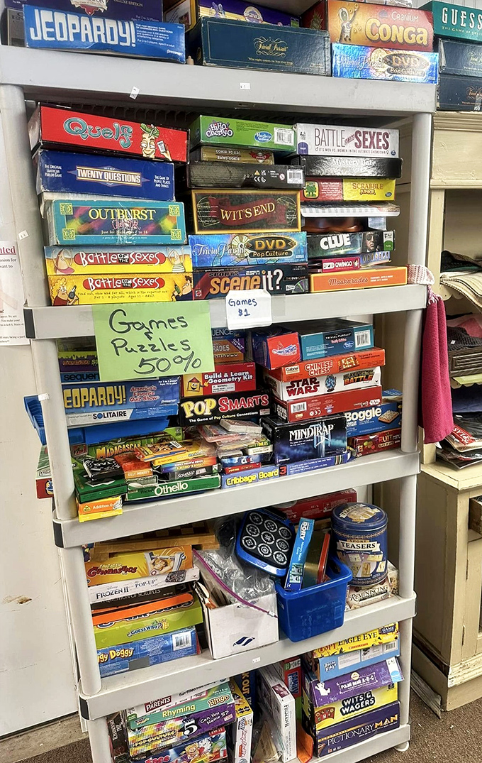 Board games stacked with memories &ndash; each box a portal to family game nights past and future. No batteries required, just human connection.