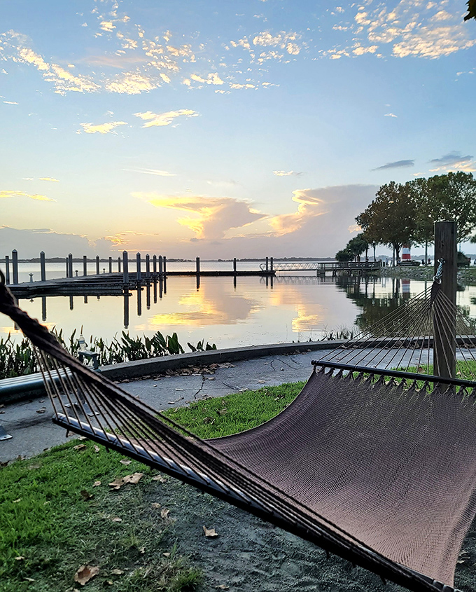 Sunset at Gilbert Park offers hammock-framed lake views that beat any five-star hotel amenity. Nature's own evening entertainment program.