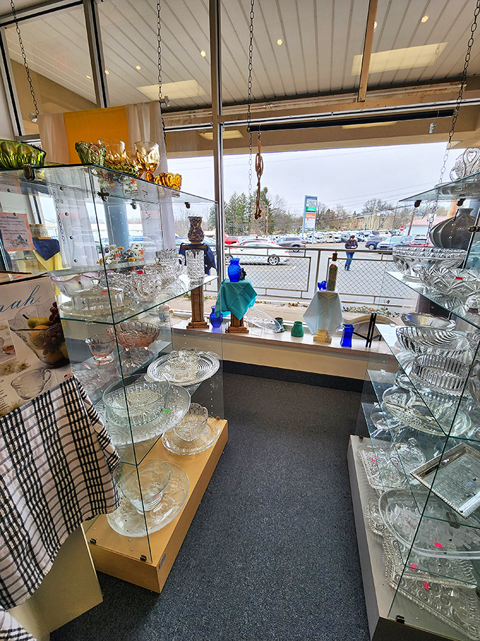 Crystal kingdom! The glassware section gleams with everything from everyday tumblers to elegant serving pieces. Grandma's china cabinet could use that cut glass bowl.