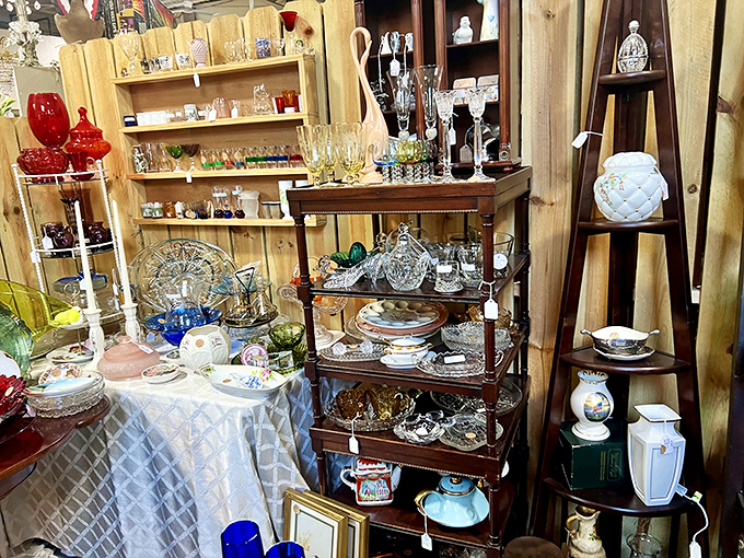 Crystal, china, and carefully arranged treasures&mdash;this booth looks like your fancy aunt's dining room, if she collected everything that sparkled since 1950.