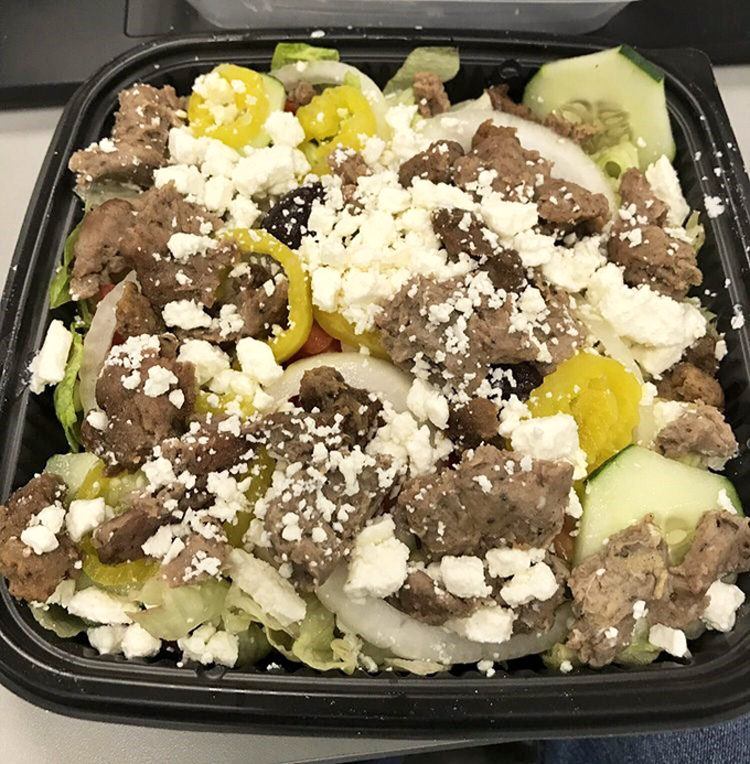 A Greek salad that doesn't skimp on the good stuff – generous gyro meat and feta cheese make this a meal, not a side thought.