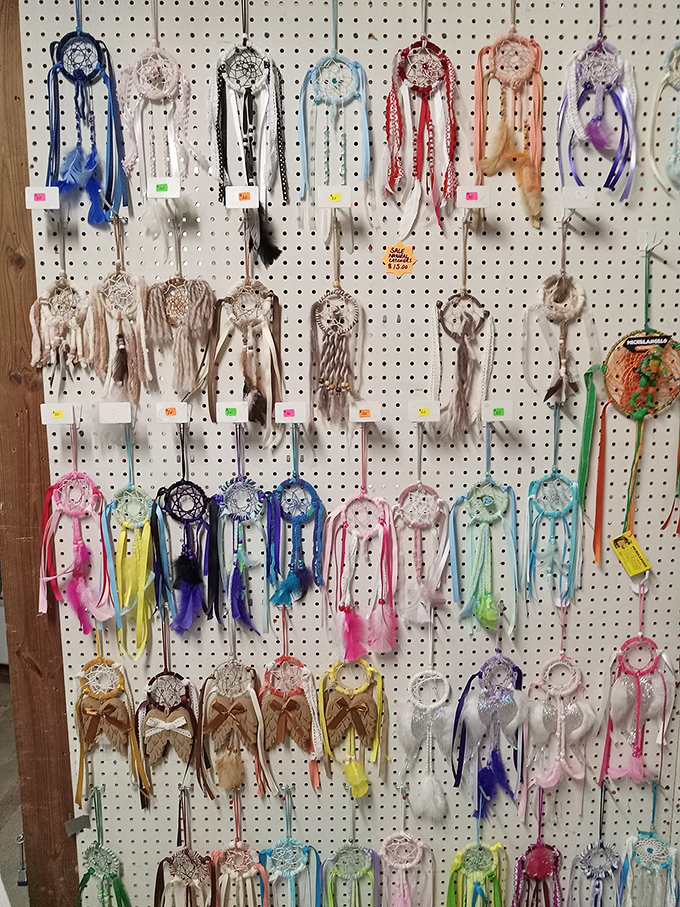 Dreamcatchers in every color imaginable hang like a rainbow of good vibes, promising to filter out bad dreams and boring d&eacute;cor.