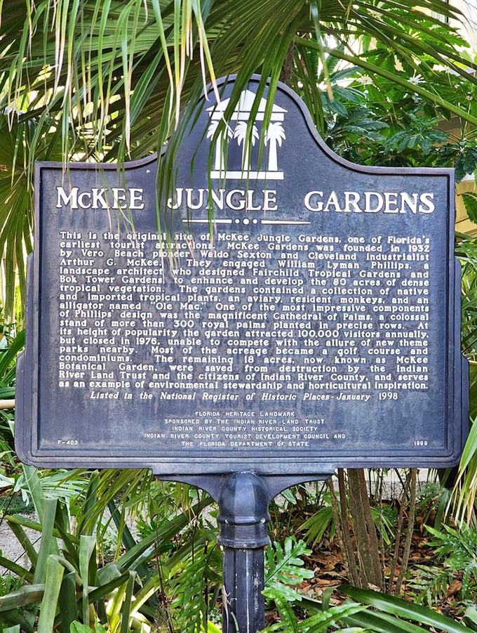 History rooted in paradise. This marker tells the tale of McKee's journey from tourist attraction to botanical sanctuary.