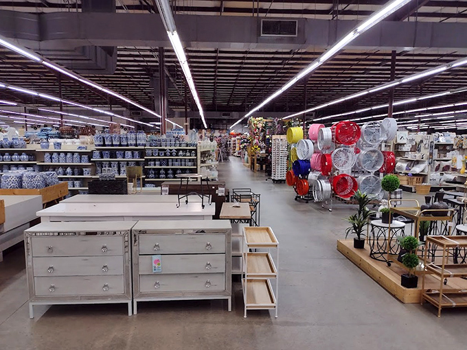 Home goods displayed under industrial lighting prove that style doesn't need to be expensive&mdash;just thoughtfully arranged on the right shelf.