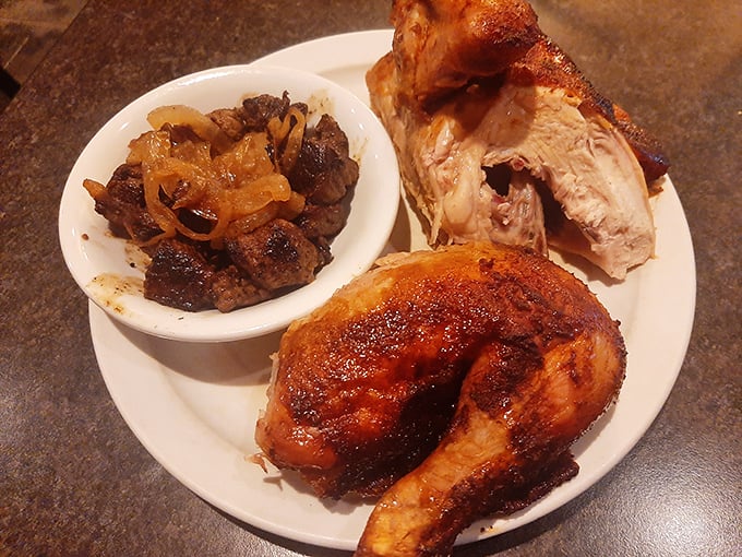 A plate that tells a delicious story: caramelized chicken with that irresistible golden-brown skin, alongside savory sirloin tips that prove York masters more than just steaks.