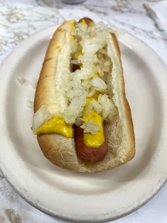The classic Detroit coney in its purest form&mdash;mustard and onions on a quality dog. No Instagram filter required.