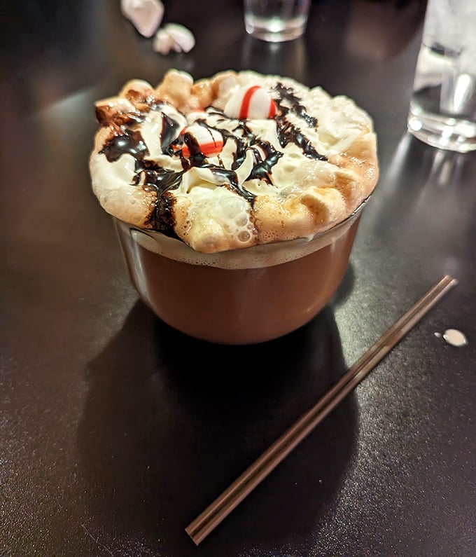 Hot chocolate elevated to an art form. That mountain of whipped cream with chocolate drizzle makes Swiss Miss hang her head in shame.