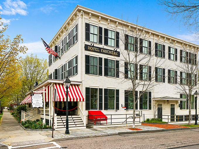 Hotel Fauch&egrave;re's crisp white facade and red-striped awnings aren't just Instagram bait &ndash; they're the gateway to one of Milford's finest dining experiences.