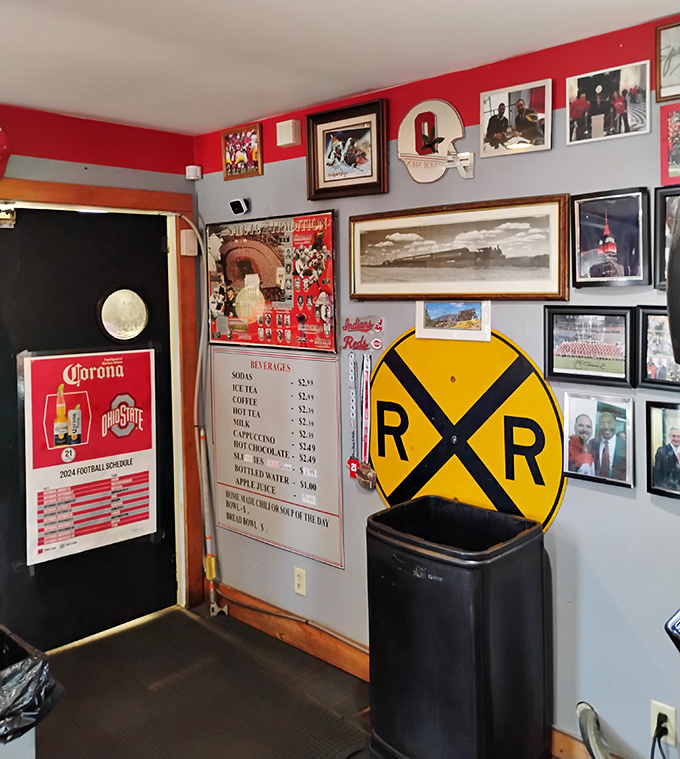 Inside the diner, railroad memorabilia and Ohio State pride create a nostalgic atmosphere perfect for post-bobblehead refreshments.