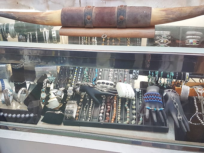 Treasures under glass &ndash; turquoise, silver, and stories. Each bracelet and necklace holds secrets of previous owners and awaits new wrists to adorn.