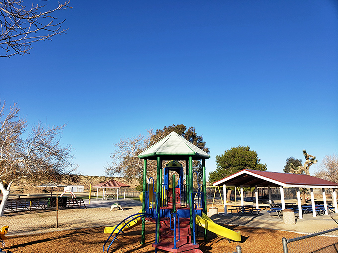 The local playground proves that even in the desert, kids need somewhere to burn energy while parents contemplate the peaceful surroundings.