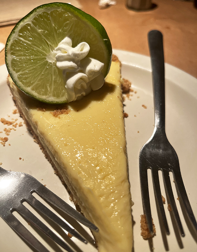 The Key Lime pie delivers that perfect sweet-tart balance, topped with a lime slice that's basically saying, "You're welcome, taste buds."