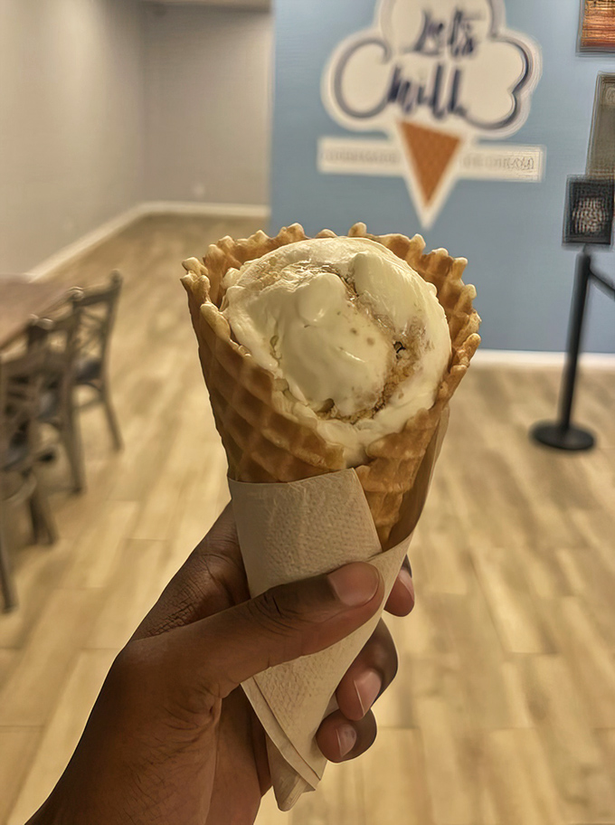 That waffle cone standing at attention like it knows it's about to change someone's day for the better.