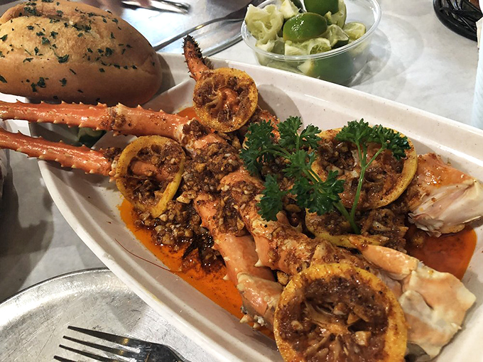 This king crab leg presentation is what happens when seafood gets the royal treatment. Complete with buttery, garlic-infused armor.