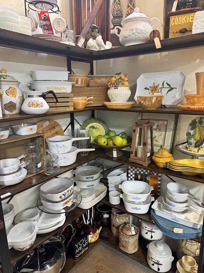 Corningware and Pyrex paradise! These aren't just kitchen items&mdash;they're the vessels that carried every potluck dinner from 1965 to 1985.