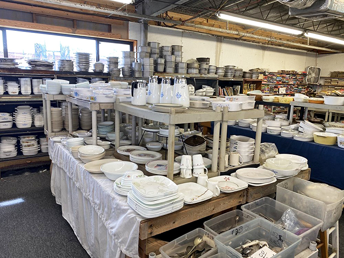 The dish department: where incomplete sets of grandmother's china wait patiently for someone to rescue them from flea market purgatory.