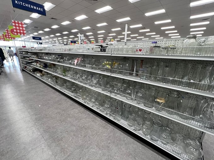 Glassware galore! An entire aisle of crystal and kitchenware that whispers tales of dinner parties past and brunches future.