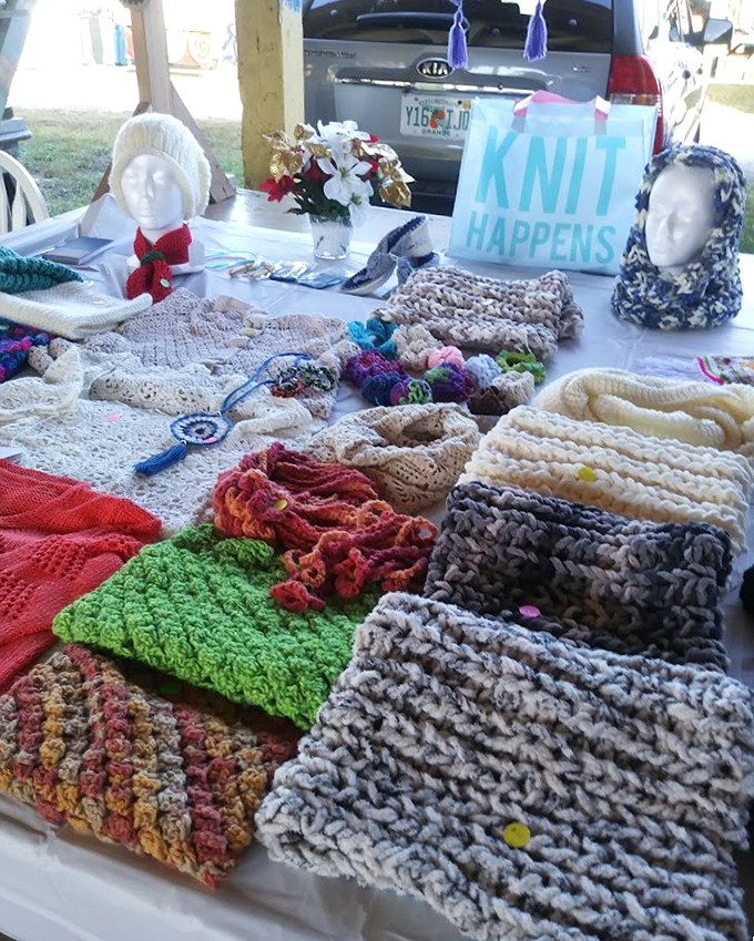 "Knit Happens" indeed at this handcrafted booth, where colorful yarns have been transformed into wearable art by skilled local artisans.