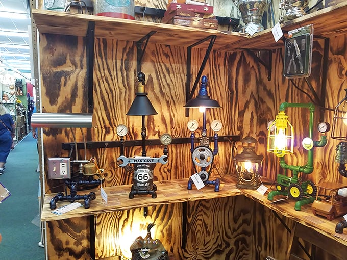 Industrial meets nostalgia in this corner where repurposed pipes and vintage gauges become functional art for modern homes.