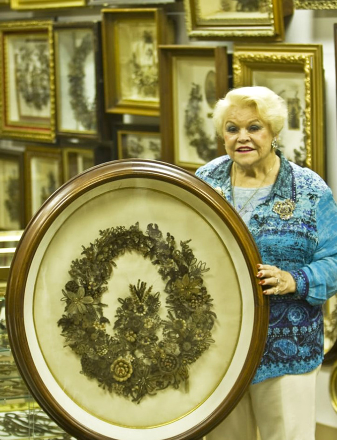 The museum showcases an impressive wreath of hair art, demonstrating the incredible craftsmanship of this forgotten Victorian tradition.