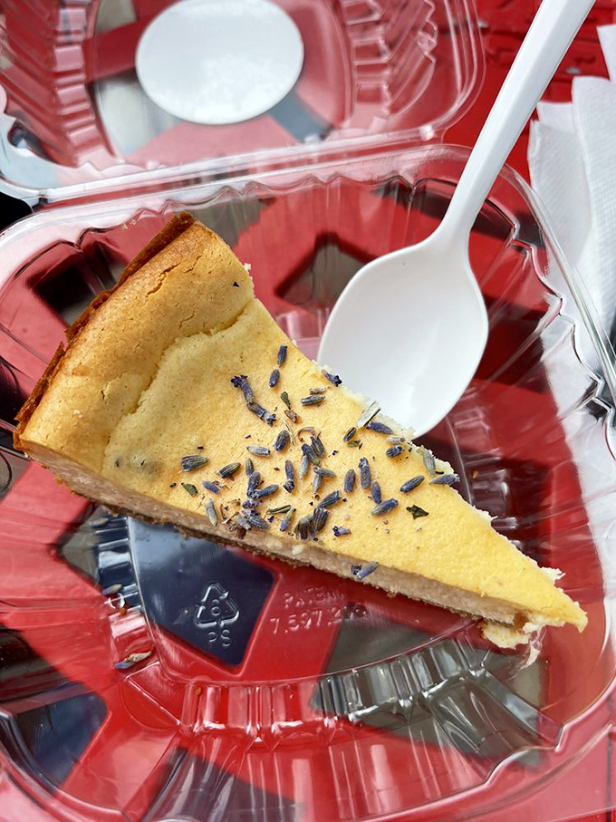 Delicate lavender flowers adorning silky cheesecake create an unexpectedly sophisticated treat that surprises and delights every palate.