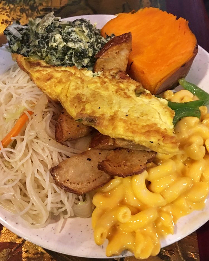 The buffet's United Nations of comfort food &ndash; mac and cheese neighbors rice noodles while sweet potato stands as neutral territory.