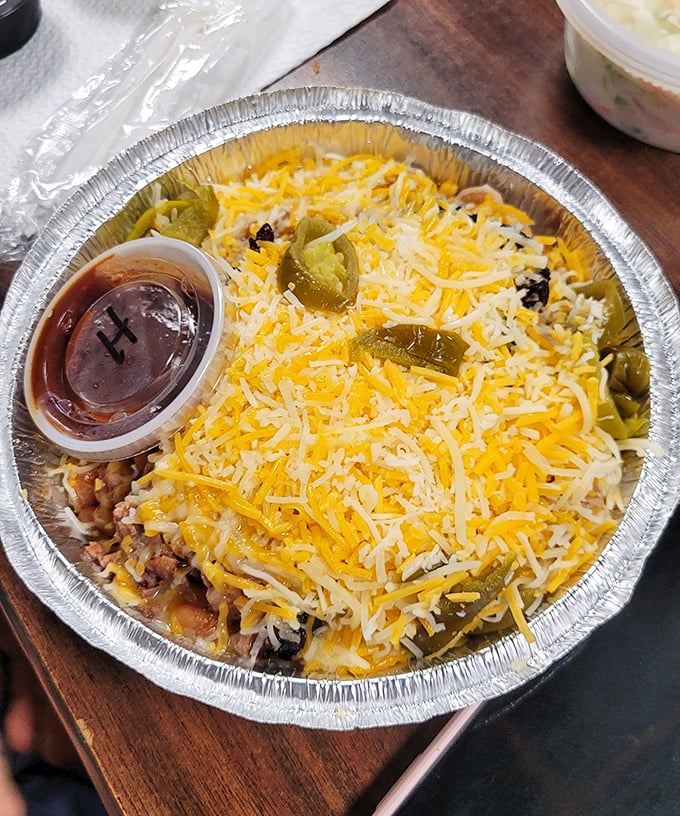 A loaded baked potato that's dressed for success with cheese, jalapeños, and enough BBQ to make you forget potatoes are technically a vegetable.