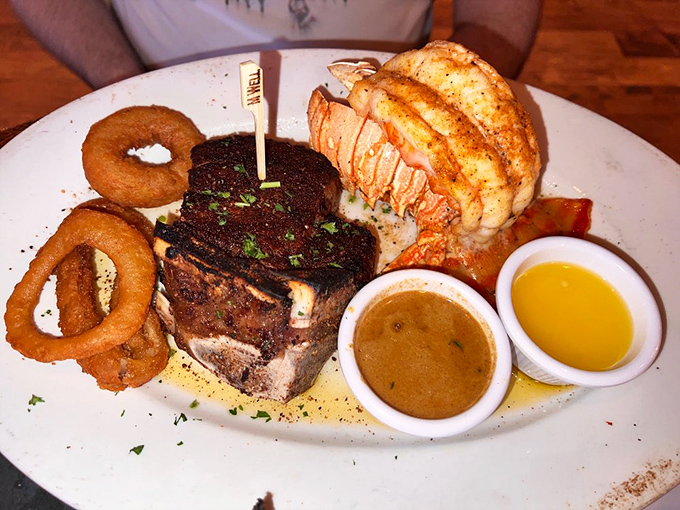 Land meets sea in perfect harmony. This filet mignon shares the spotlight with a buttery lobster tail &ndash; surf and turf nirvana.